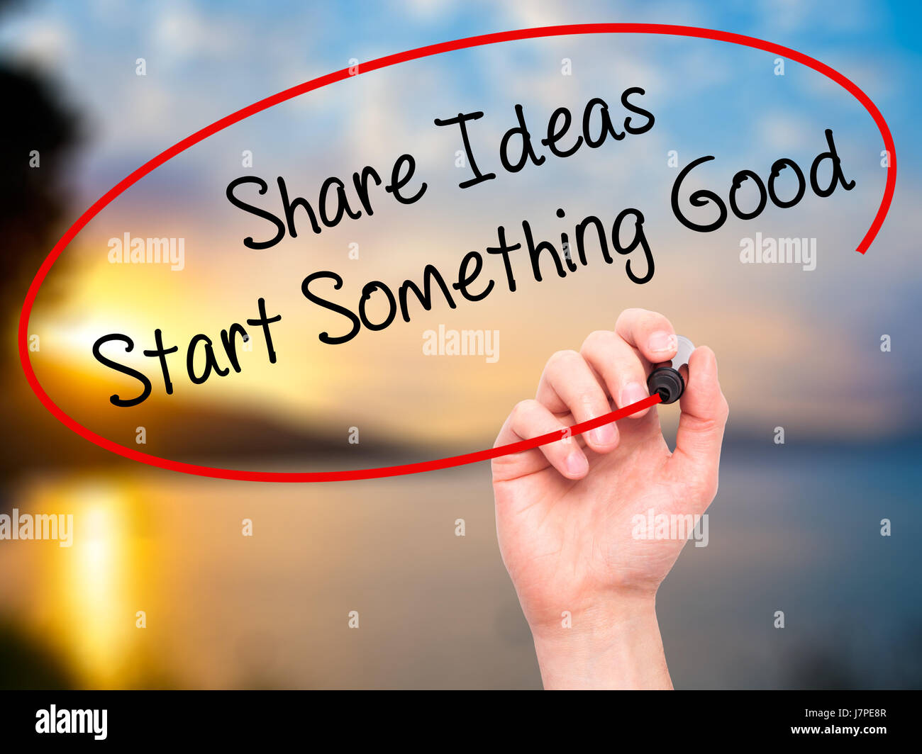 Man Hand writing Share Ideas Start Something Good with black marker on ...