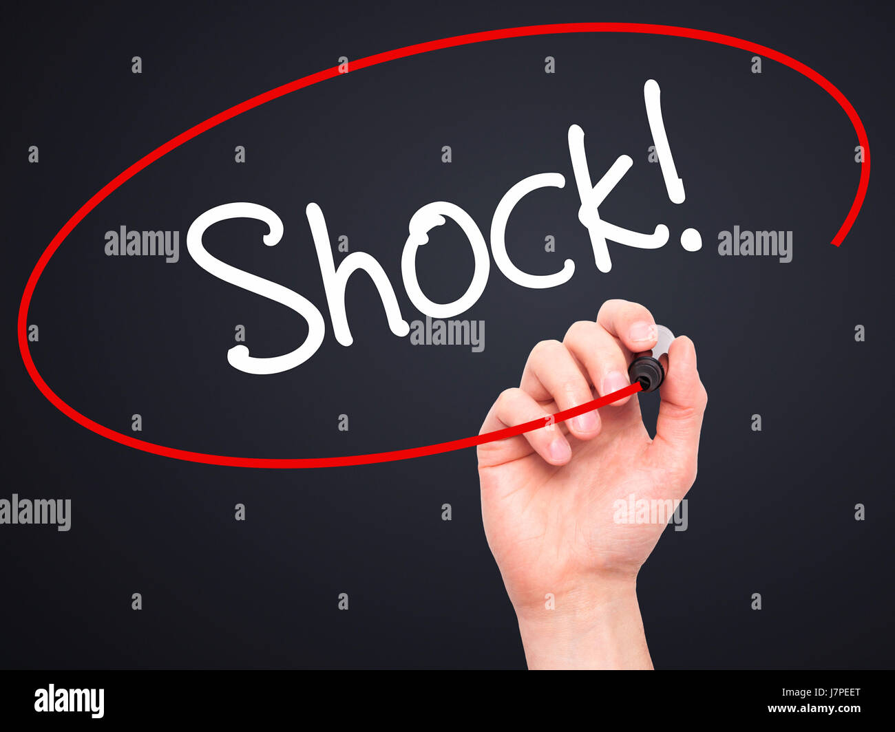Man Hand writing Shock! with black marker on visual screen. Isolated on ...