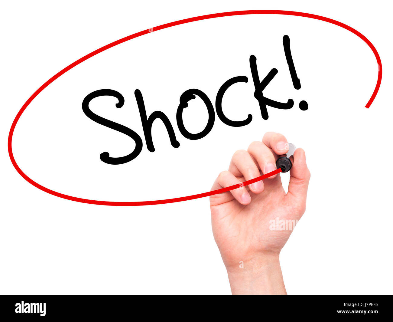Man Hand writing Shock! with black marker on visual screen. Isolated on ...