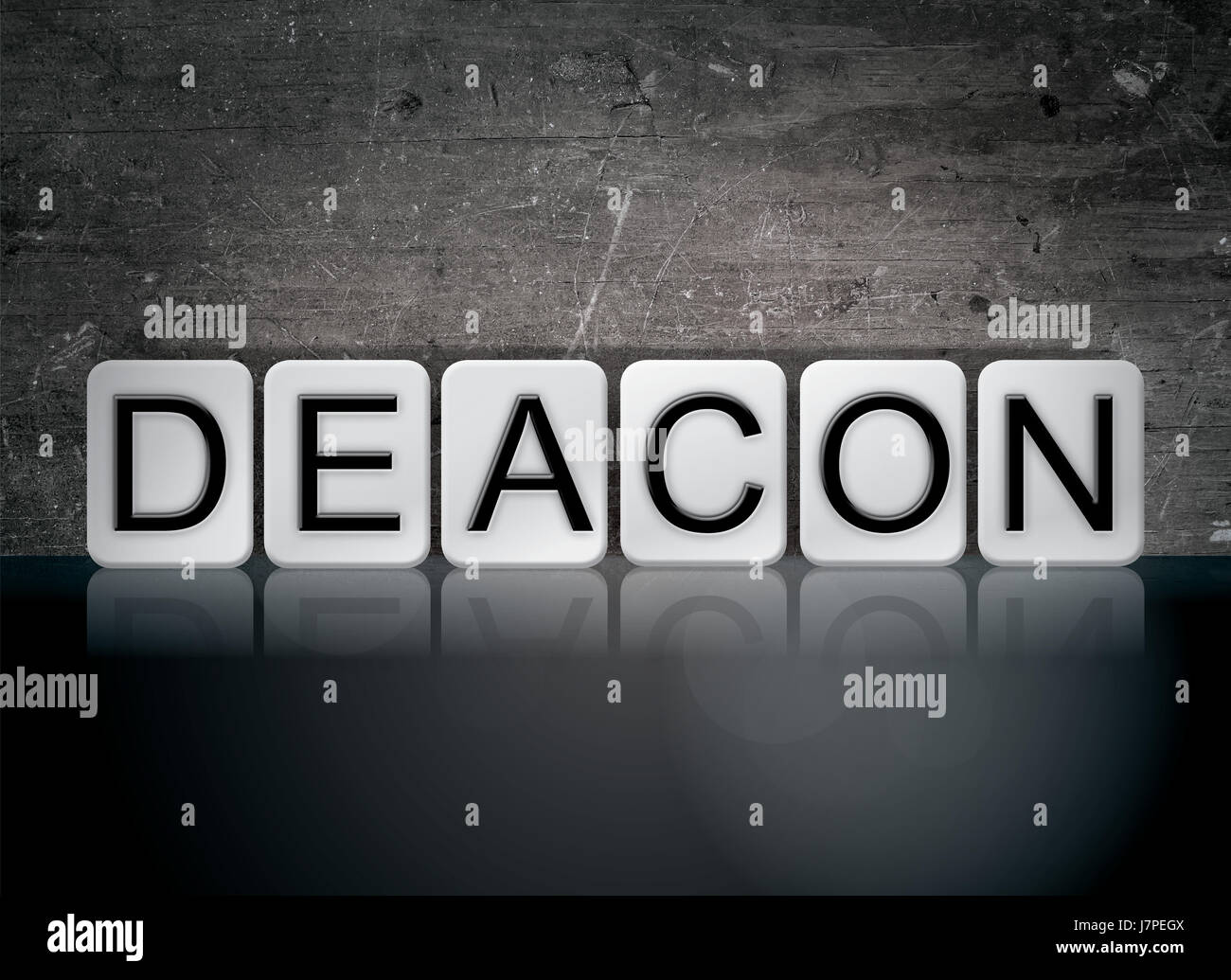 The word Deacon concept and theme written in white tiles on a dark ...