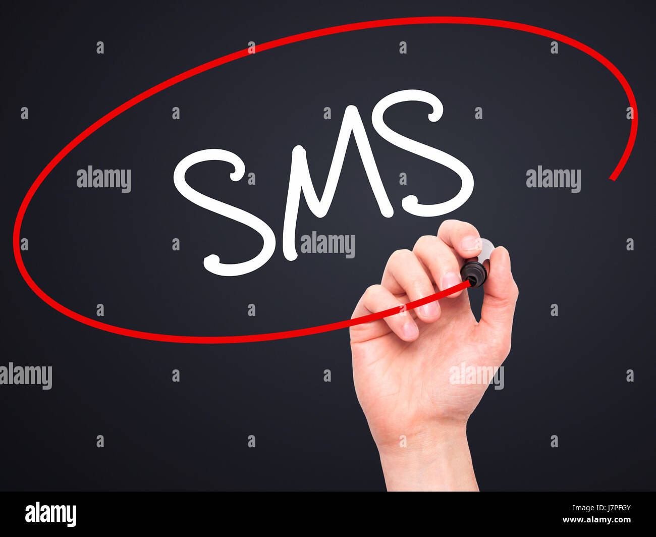 Man Hand writing SMS (Short Message Service) with black marker on ...