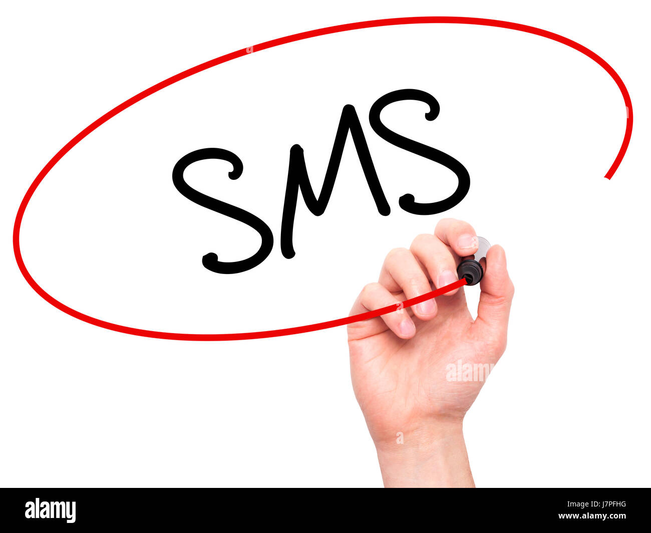 Man Hand writing SMS (Short Message Service) with black marker on ...