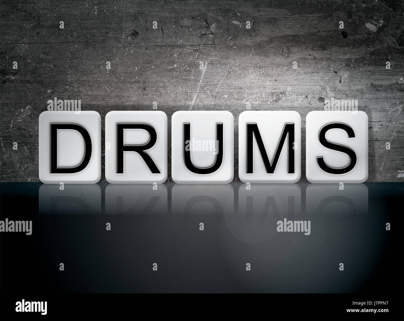 The word Drums concept and theme written in white tiles on a dark ...