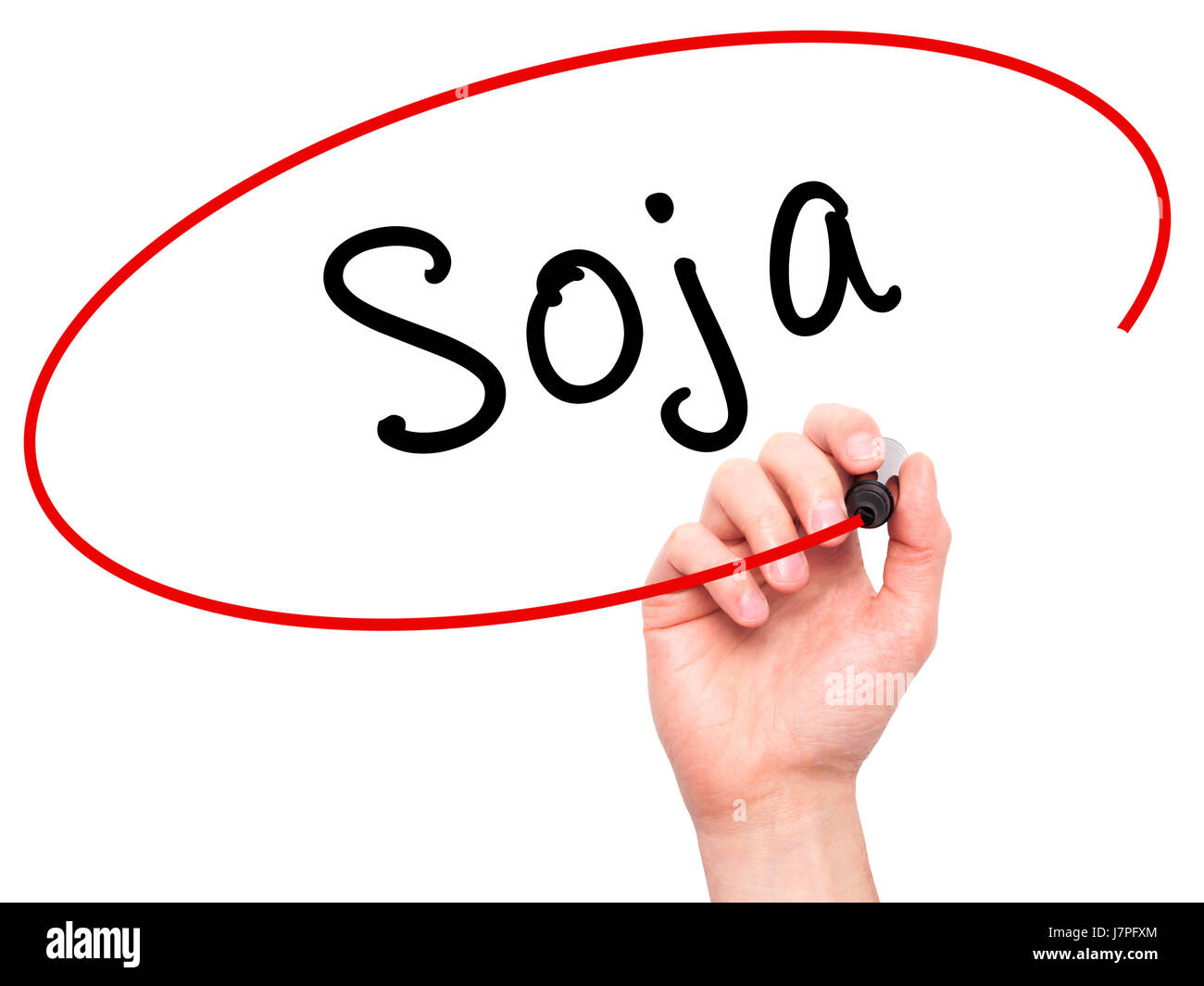Man Hand writing Soja (Soybean in Portuguese) with black marker on ...