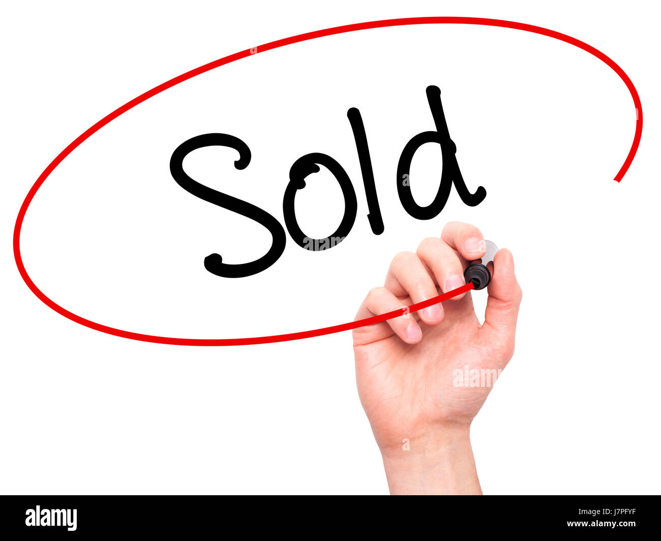 Man Hand writing Sold with black marker on visual screen. Isolated on ...