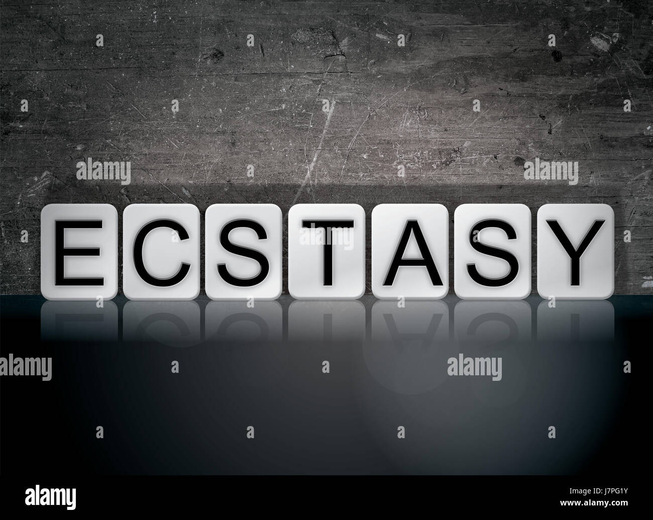 The word Ecstasy concept and theme written in white tiles on a dark ...