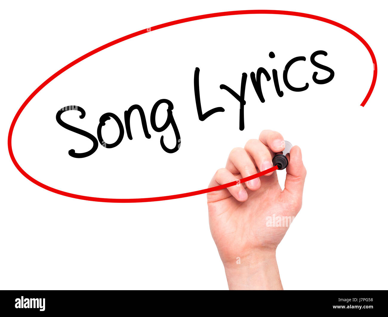 Man Hand writing Song Lyrics with black marker on visual screen ...