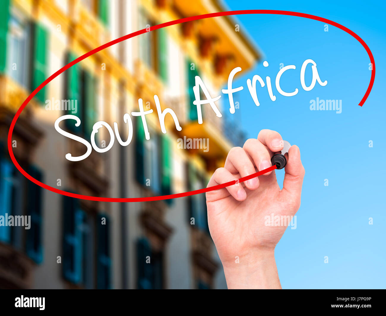 Man Hand writing South Africa with black marker on visual screen ...