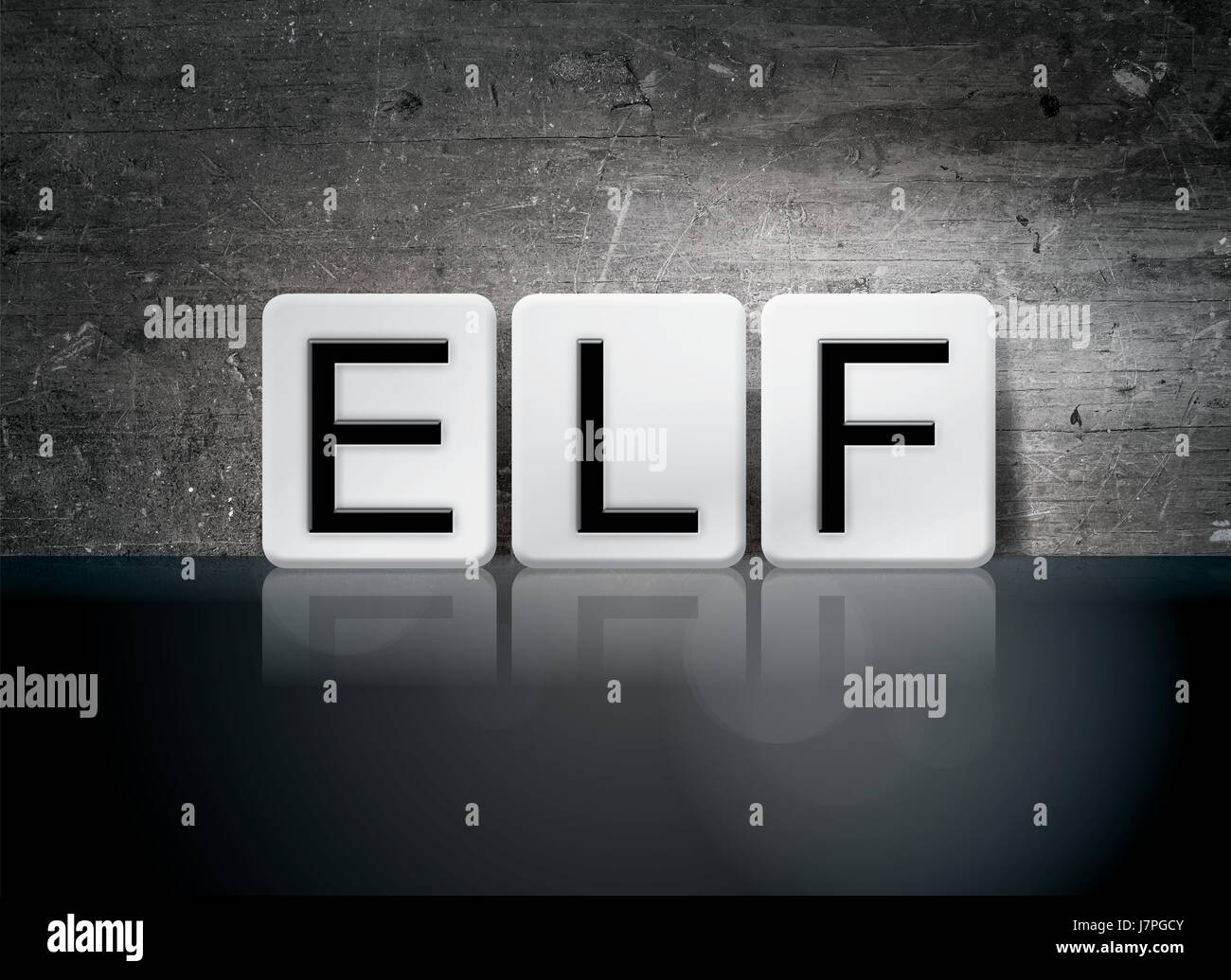 The word Elf concept and theme written in white tiles on a dark ...