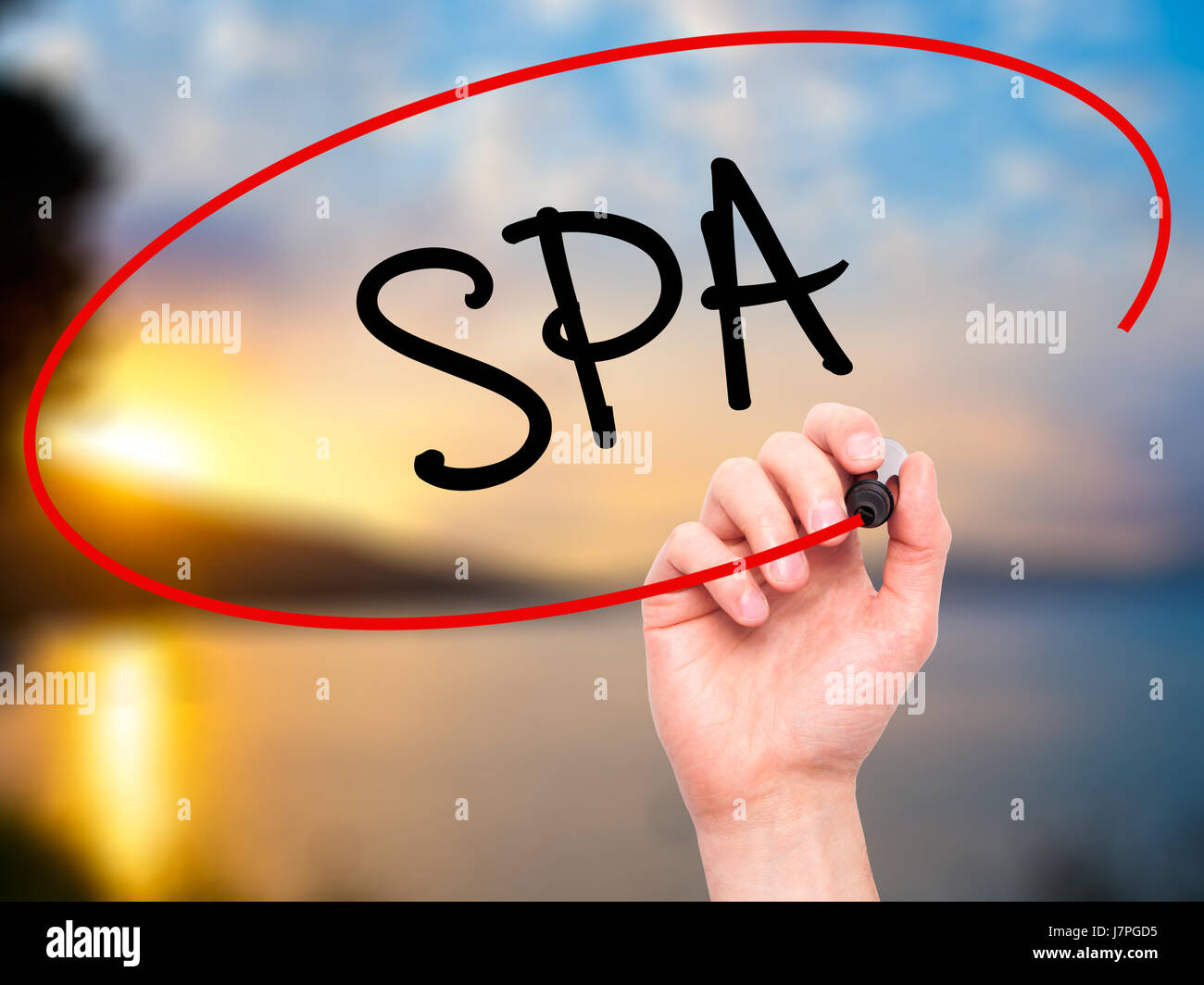 Man Hand writing SPA with black marker on visual screen. Isolated on ...