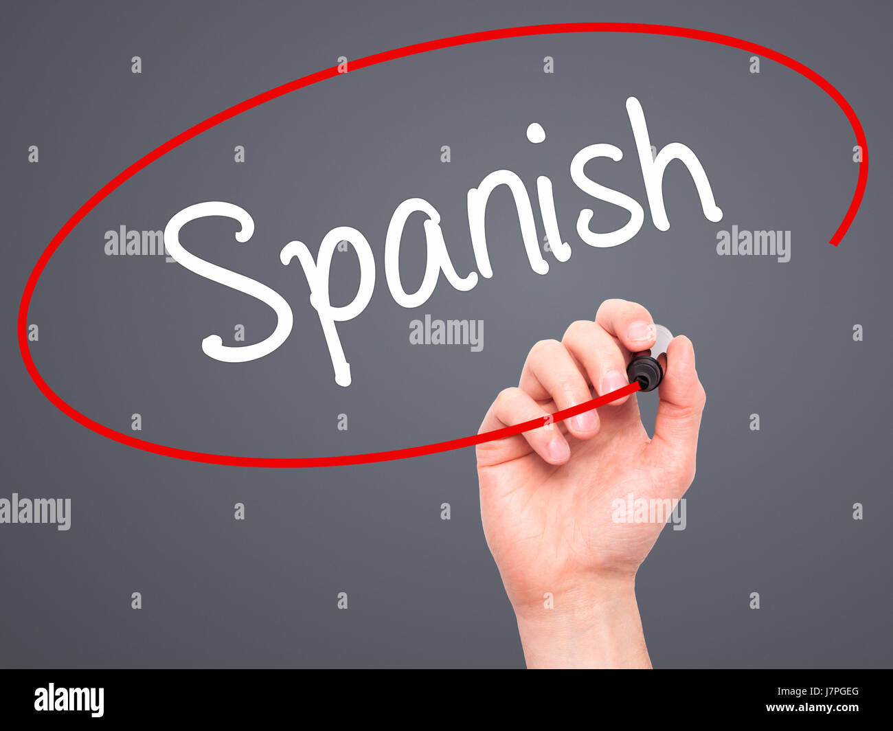 Man Hand writing Spanish with black marker on visual screen. Isolated ...