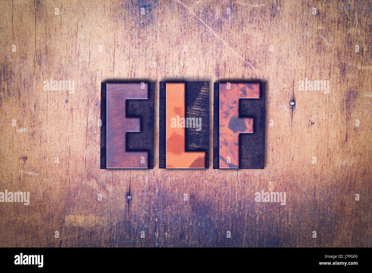 The word Elf concept and theme written in vintage wooden letterpress ...