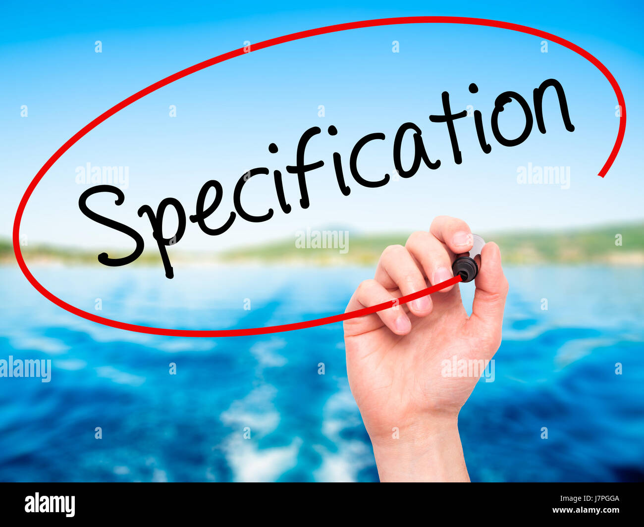 Man Hand writing Specification with black marker on visual screen ...