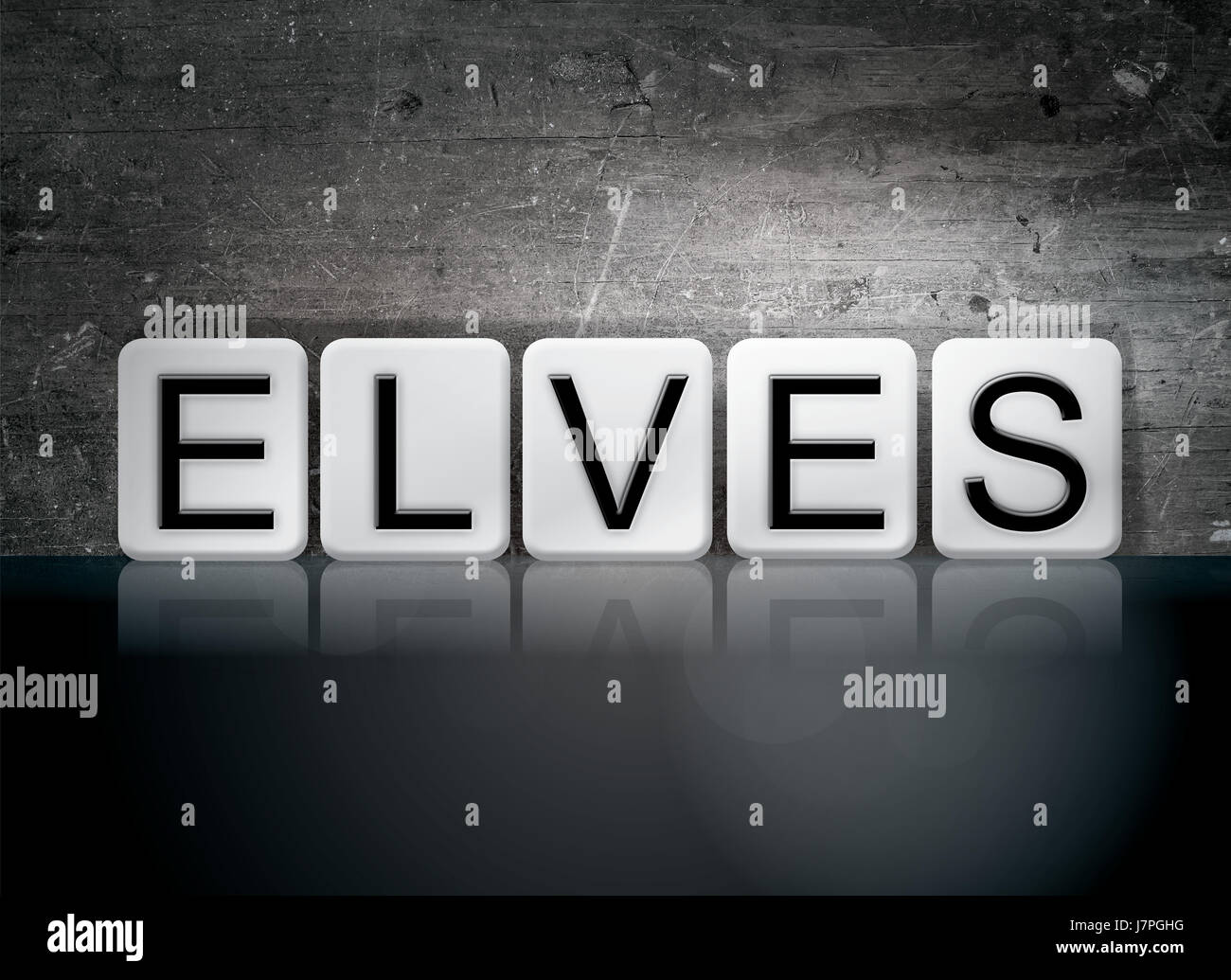The word Elves concept and theme written in white tiles on a dark ...