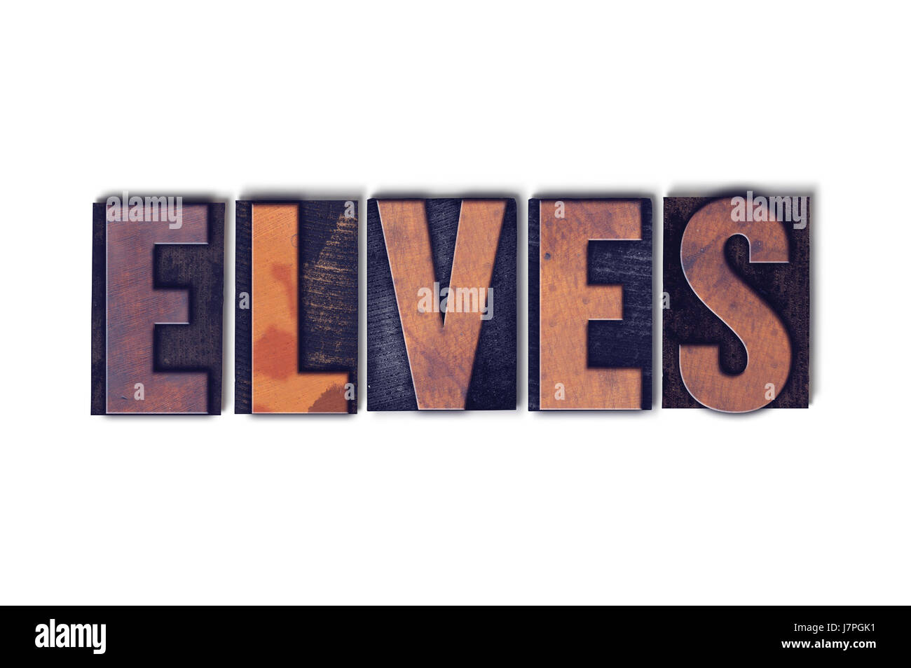 The word Elves concept and theme written in vintage wooden letterpress ...