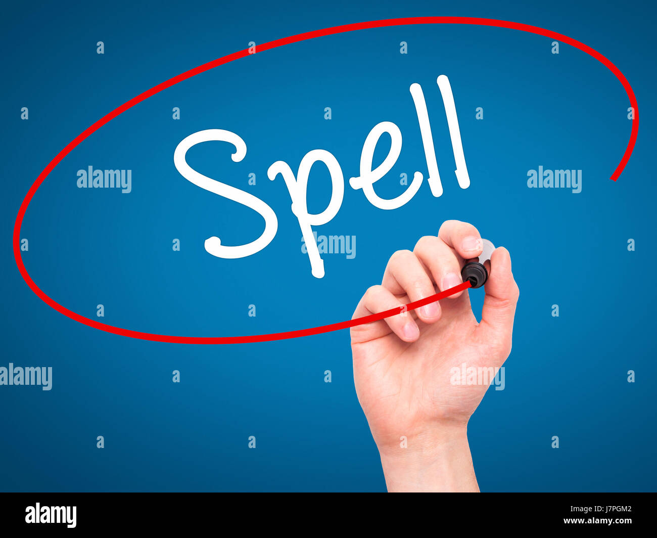 Man Hand writing Spell with black marker on visual screen. Isolated on ...