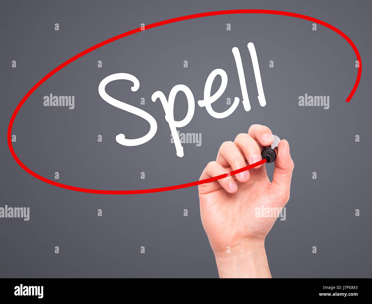 Man Hand writing Spell with black marker on visual screen. Isolated on ...