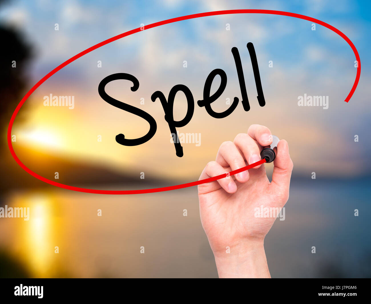 Man Hand writing Spell with black marker on visual screen. Isolated on ...