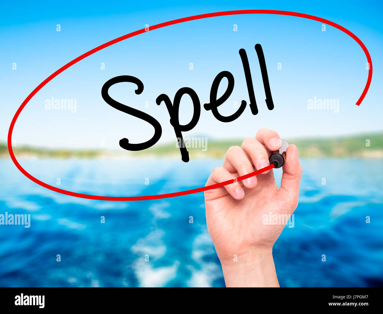 Man Hand writing Spell with black marker on visual screen. Isolated on ...