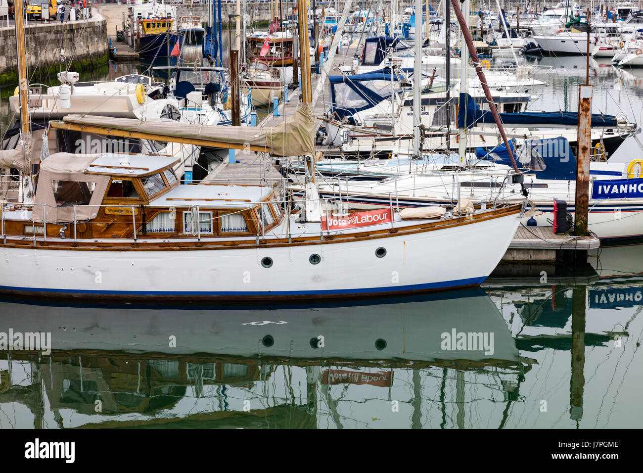 A yacht in Ramsgate Marina carrys a "Vote Labour" Banner for the 2017 ...