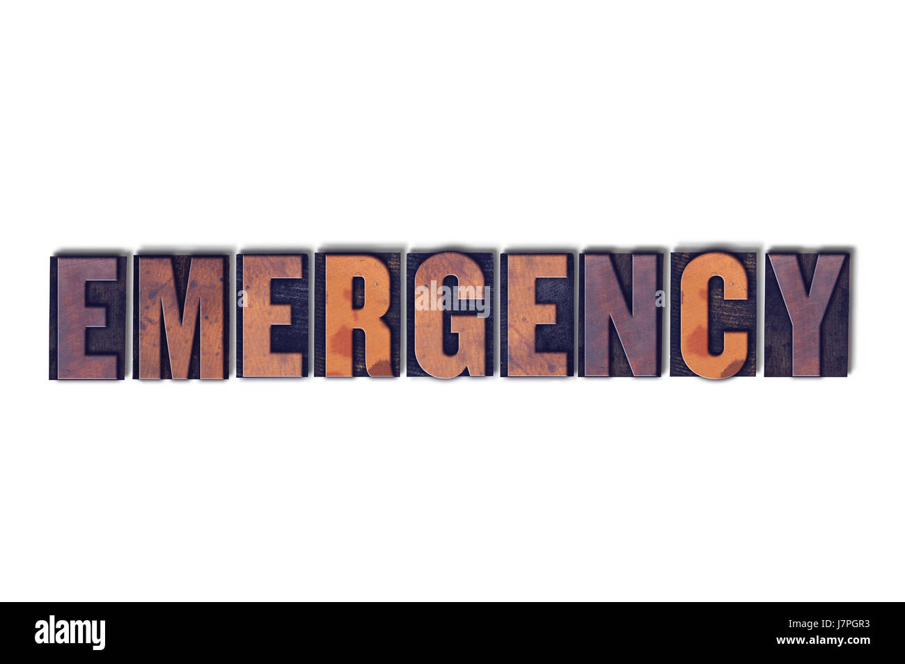 The word Emergency concept and theme written in vintage wooden ...