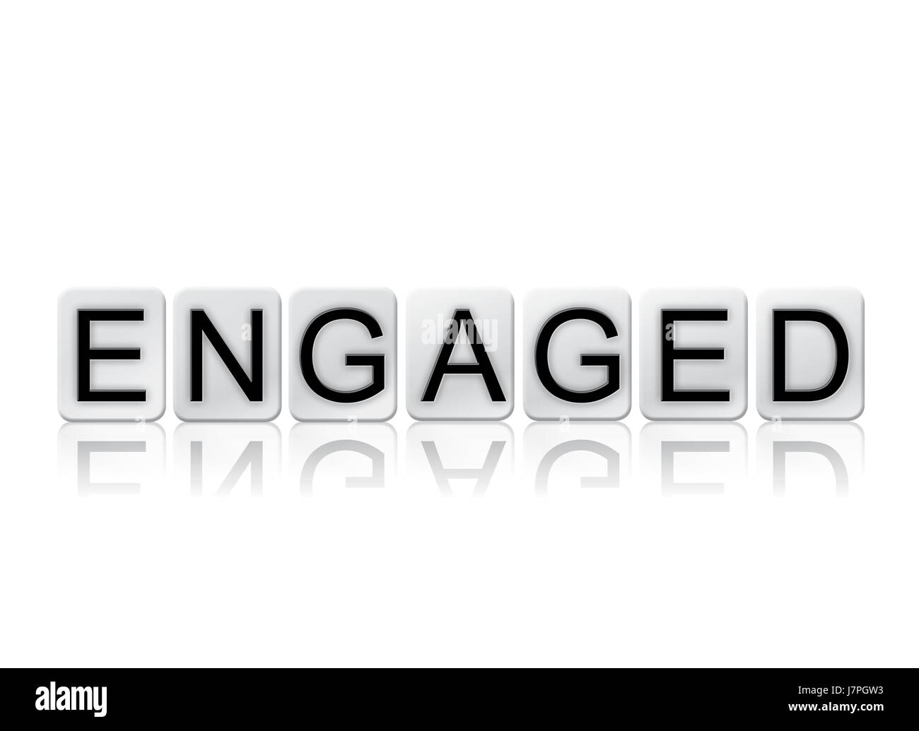 The word Engaged concept and theme written in white tiles and isolated ...