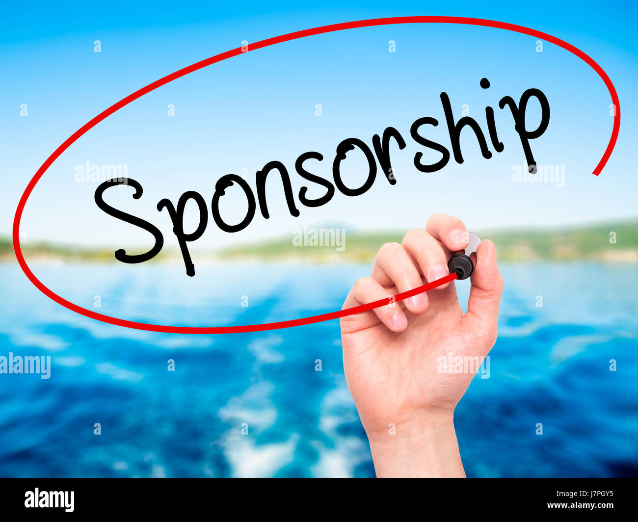 Man Hand writing Sponsorship with black marker on visual screen ...