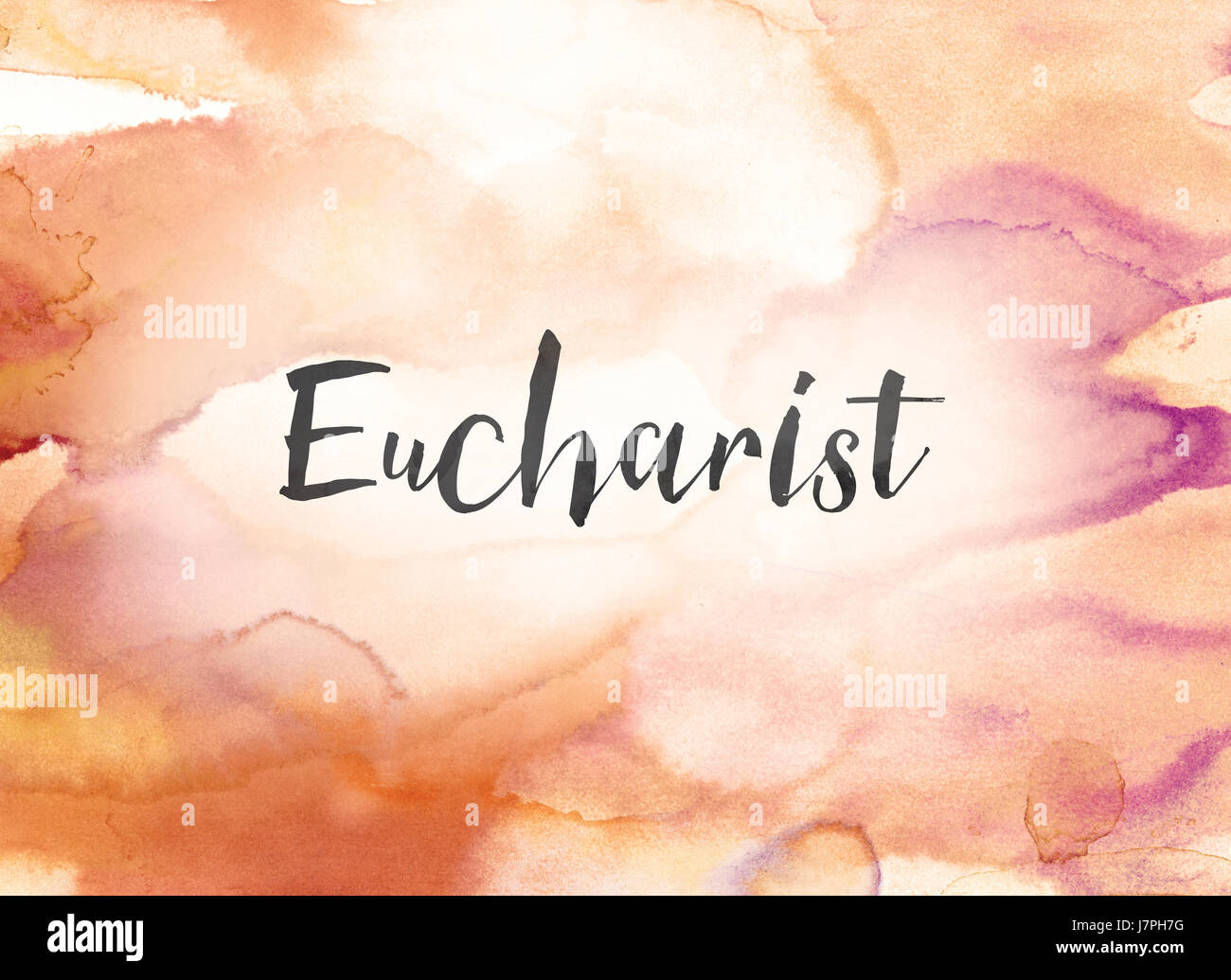 The word Eucharist concept and theme written in black ink on a colorful ...