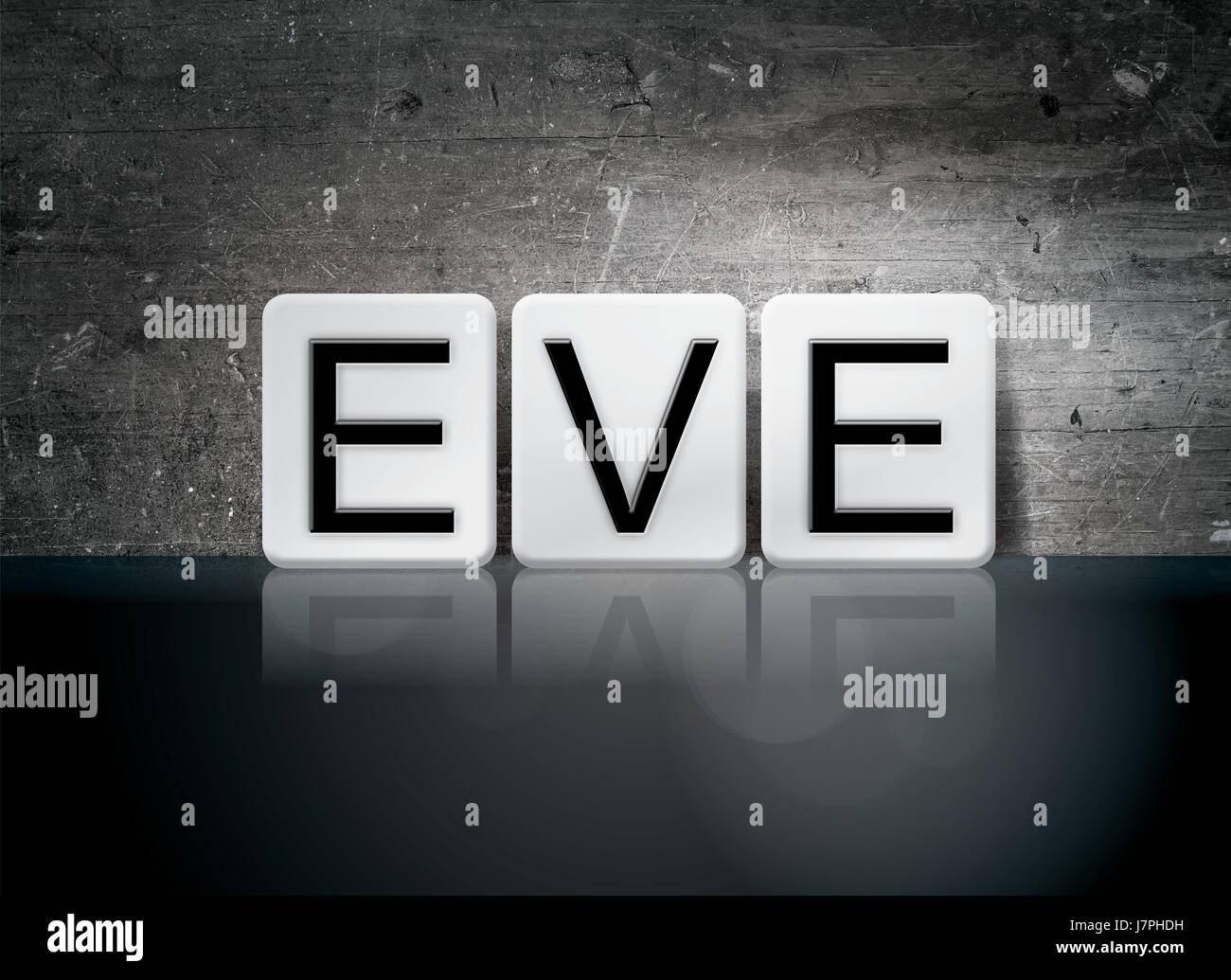 The word Eve concept and theme written in white tiles on a dark ...