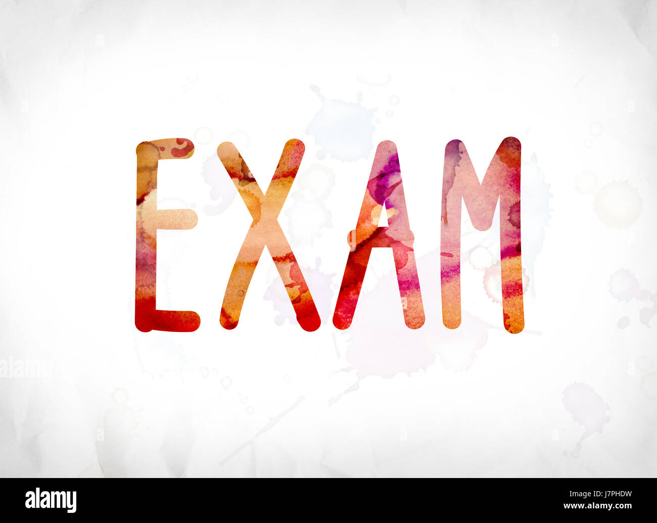 The word Exam concept and theme painted in colorful watercolors on a ...
