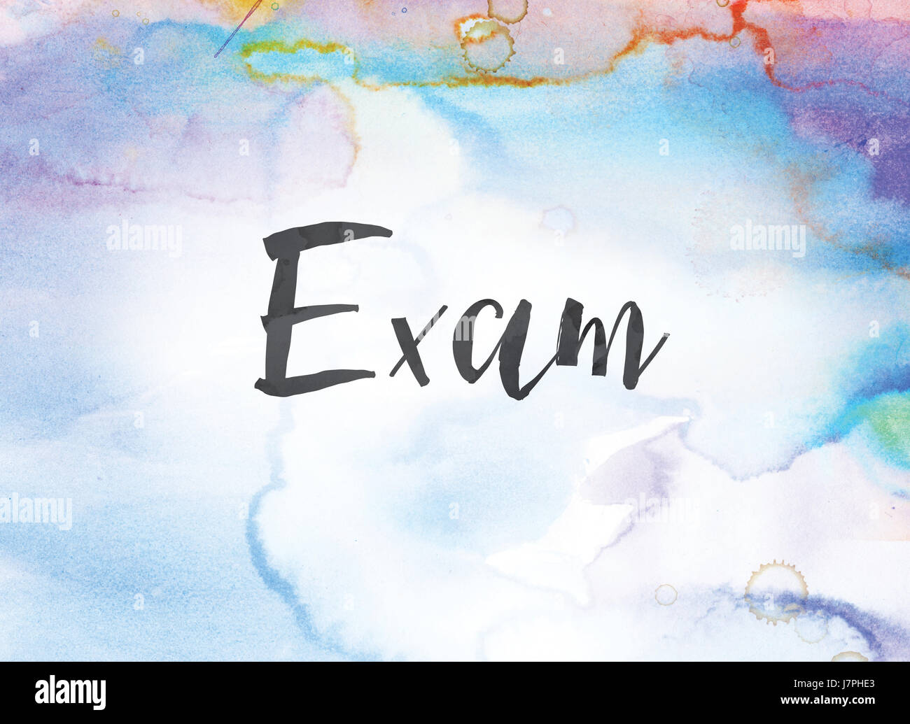 The word Exam concept and theme written in black ink on a colorful ...
