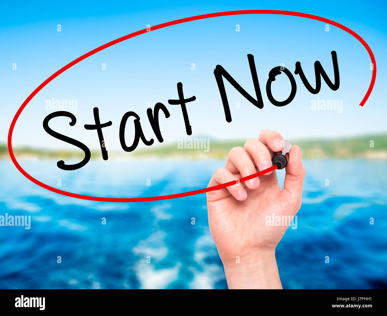 Man Hand writing Start Now with black marker on visual screen. Isolated ...