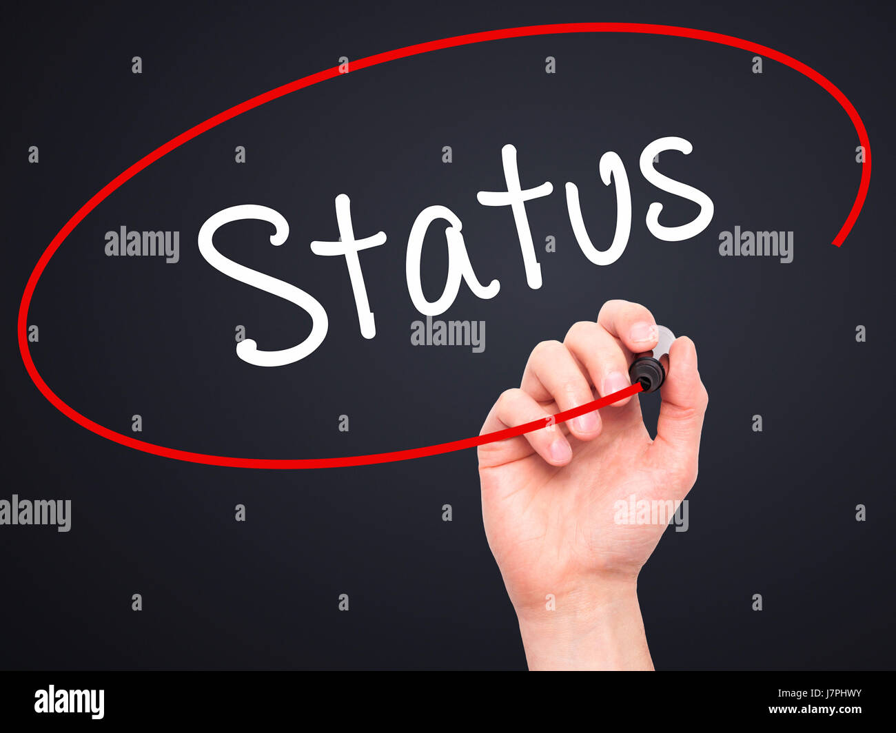 Man Hand writing Status with black marker on visual screen. Isolated on ...