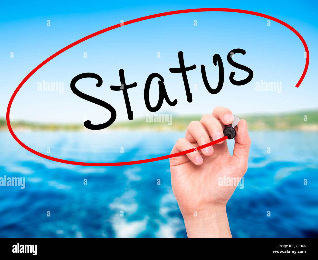 Man Hand writing Status with black marker on visual screen. Isolated on ...