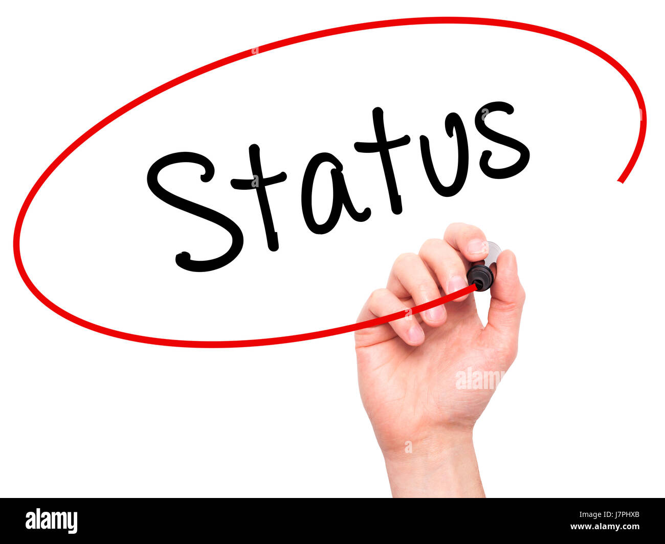 Man Hand writing Status with black marker on visual screen. Isolated on ...