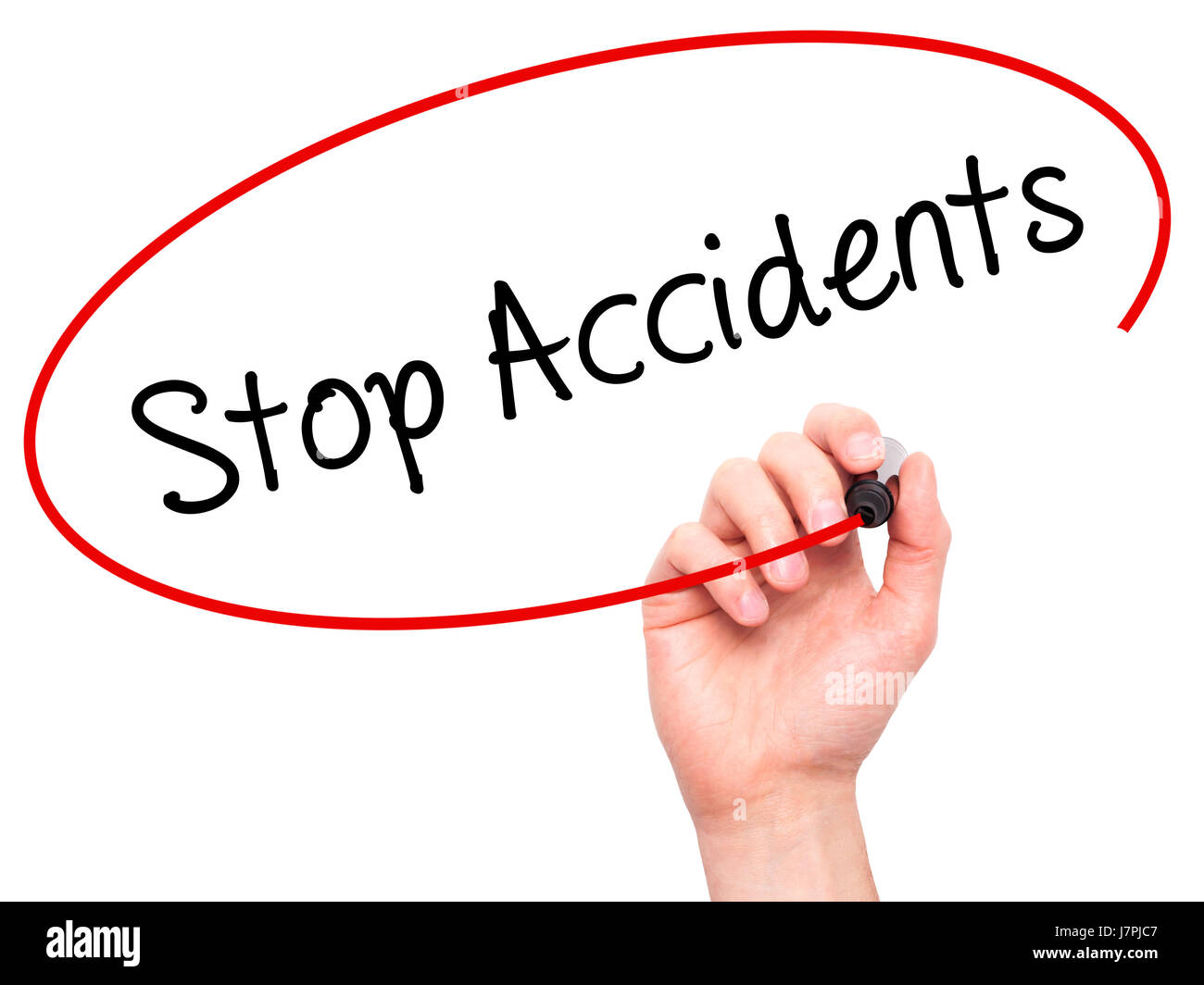 Man Hand writing Stop Accidents with black marker on visual screen ...