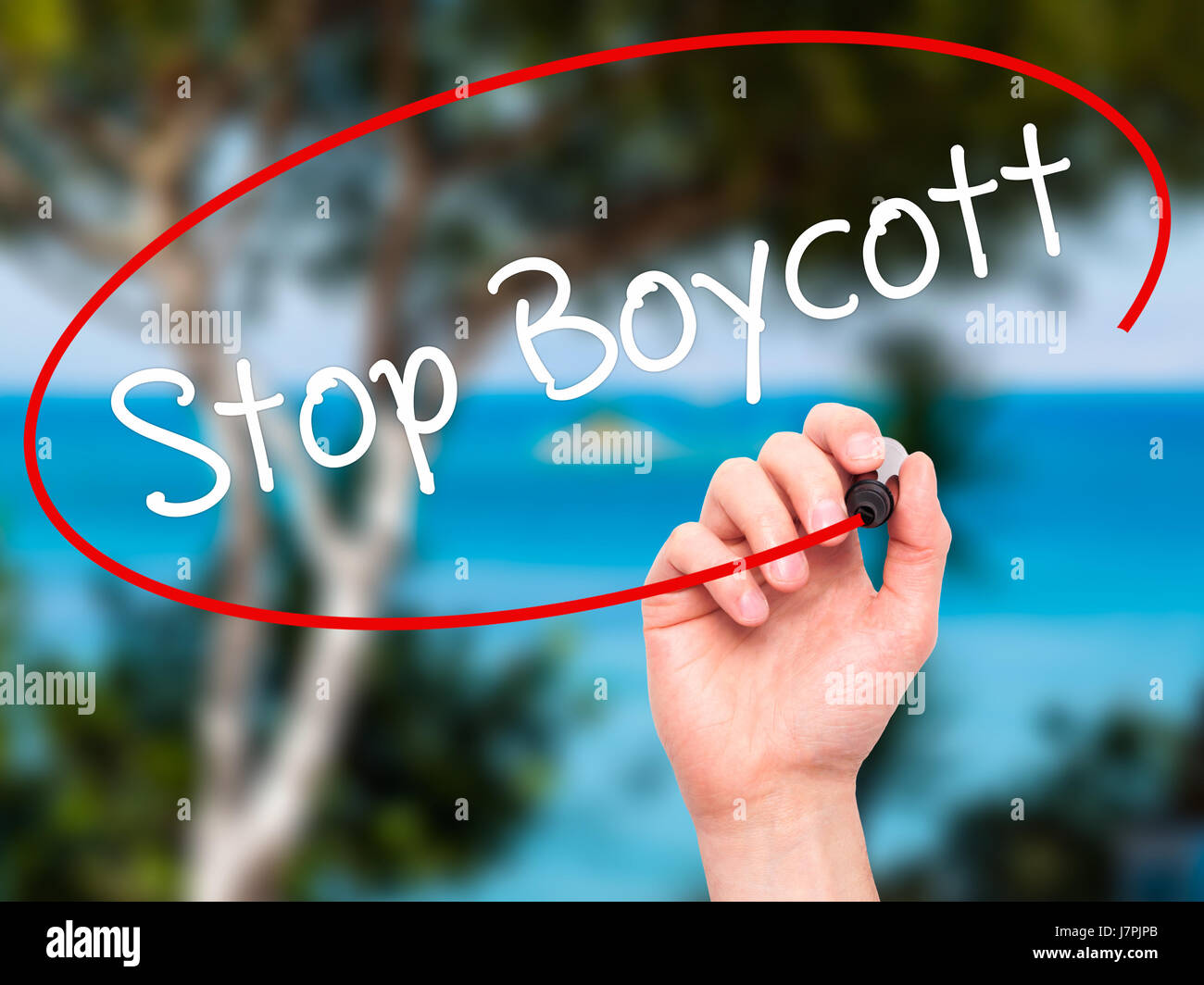 Man Hand writing Stop Boycott with black marker on visual screen ...