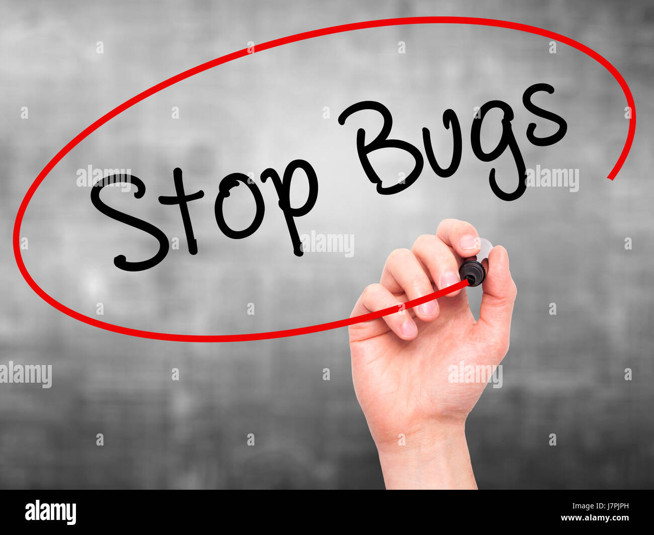 Man Hand writing Stop Bugs with black marker on visual screen. Isolated ...