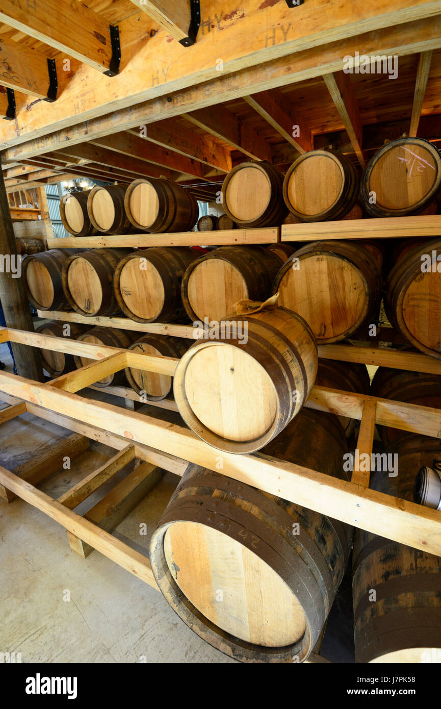 Wooden barrels on shelves at Joadja distillery, Joadja, Southern ...