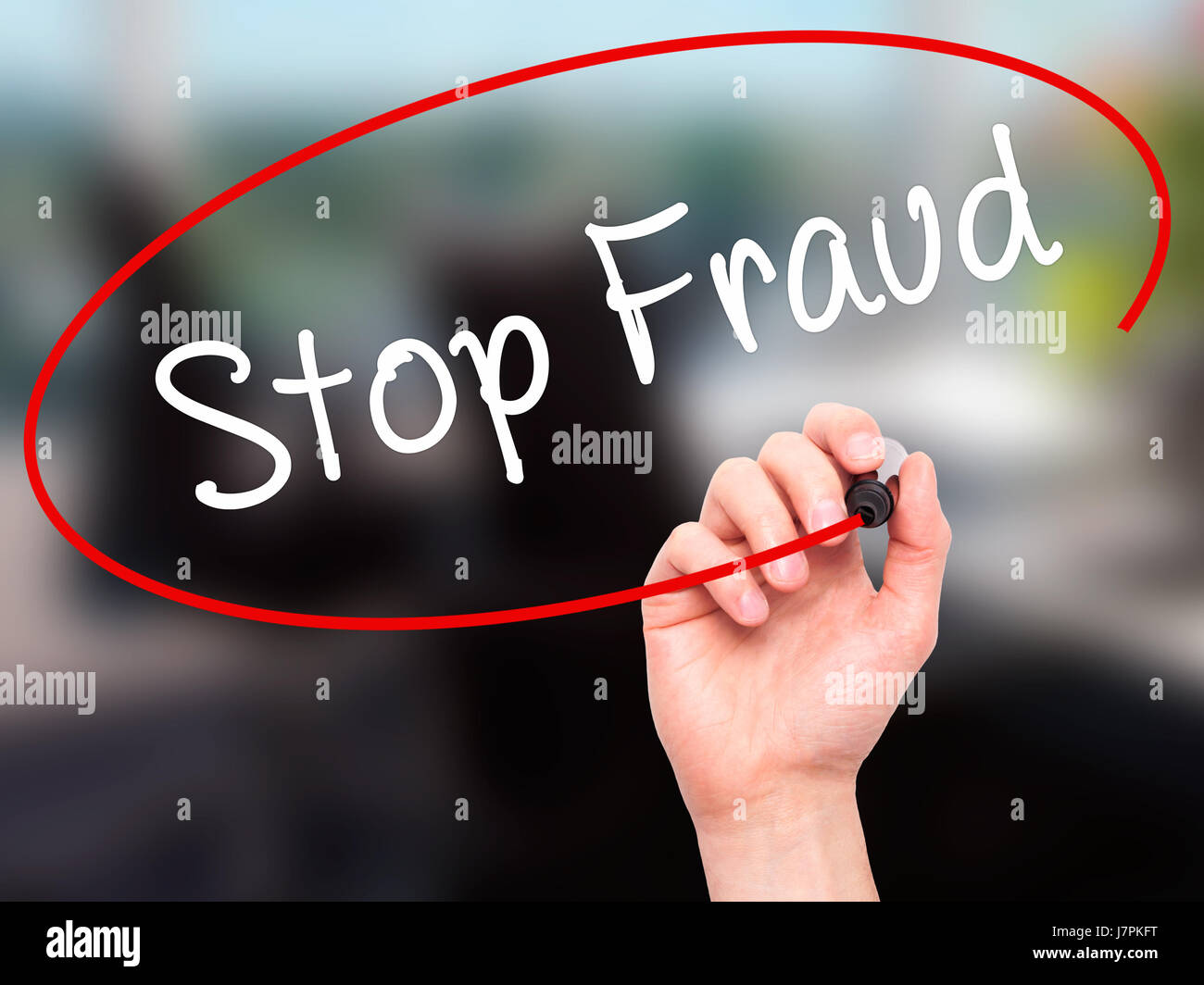 Man Hand writing Stop Fraud with black marker on visual screen ...