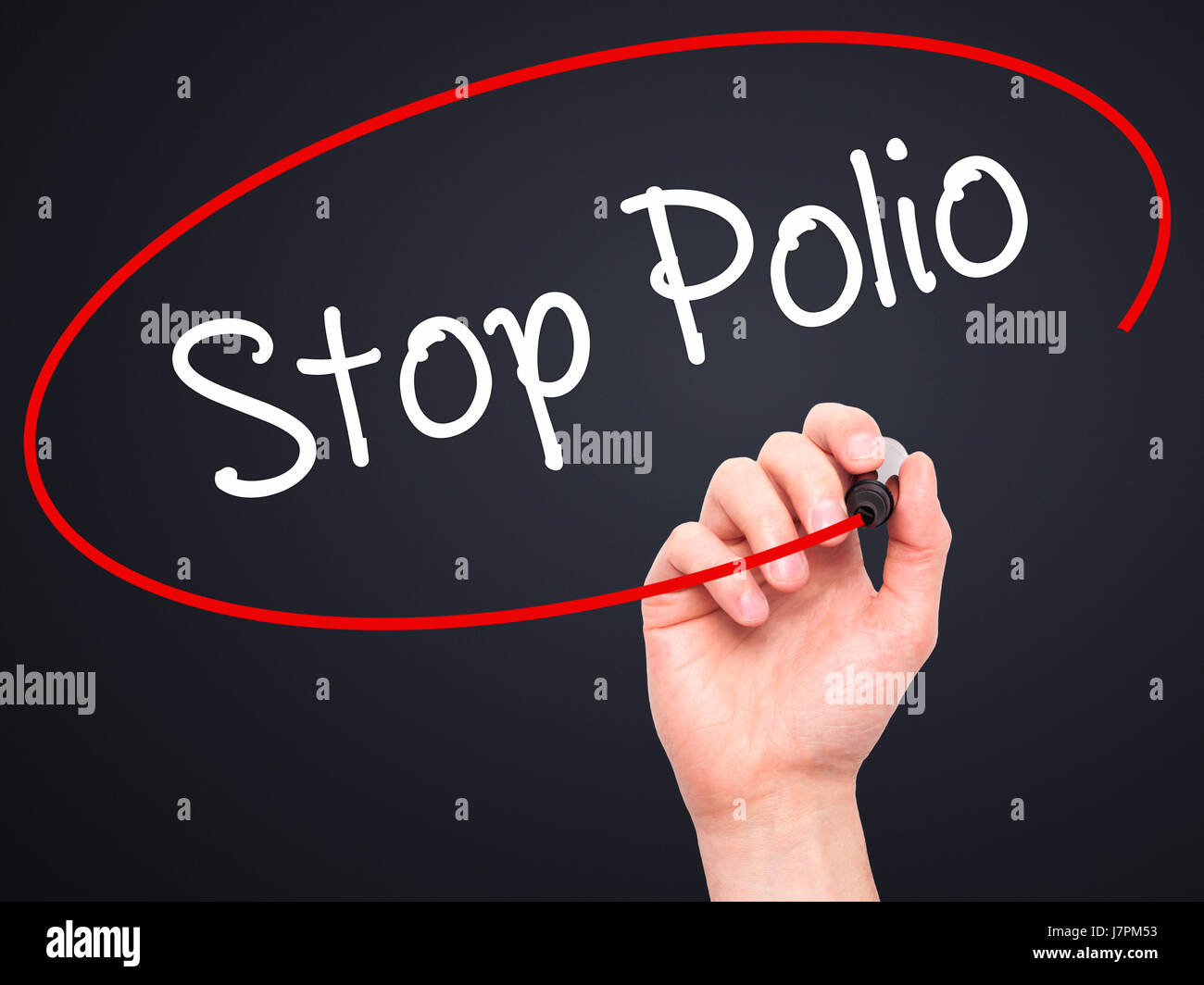 Man Hand writing Stop Polio with black marker on visual screen ...