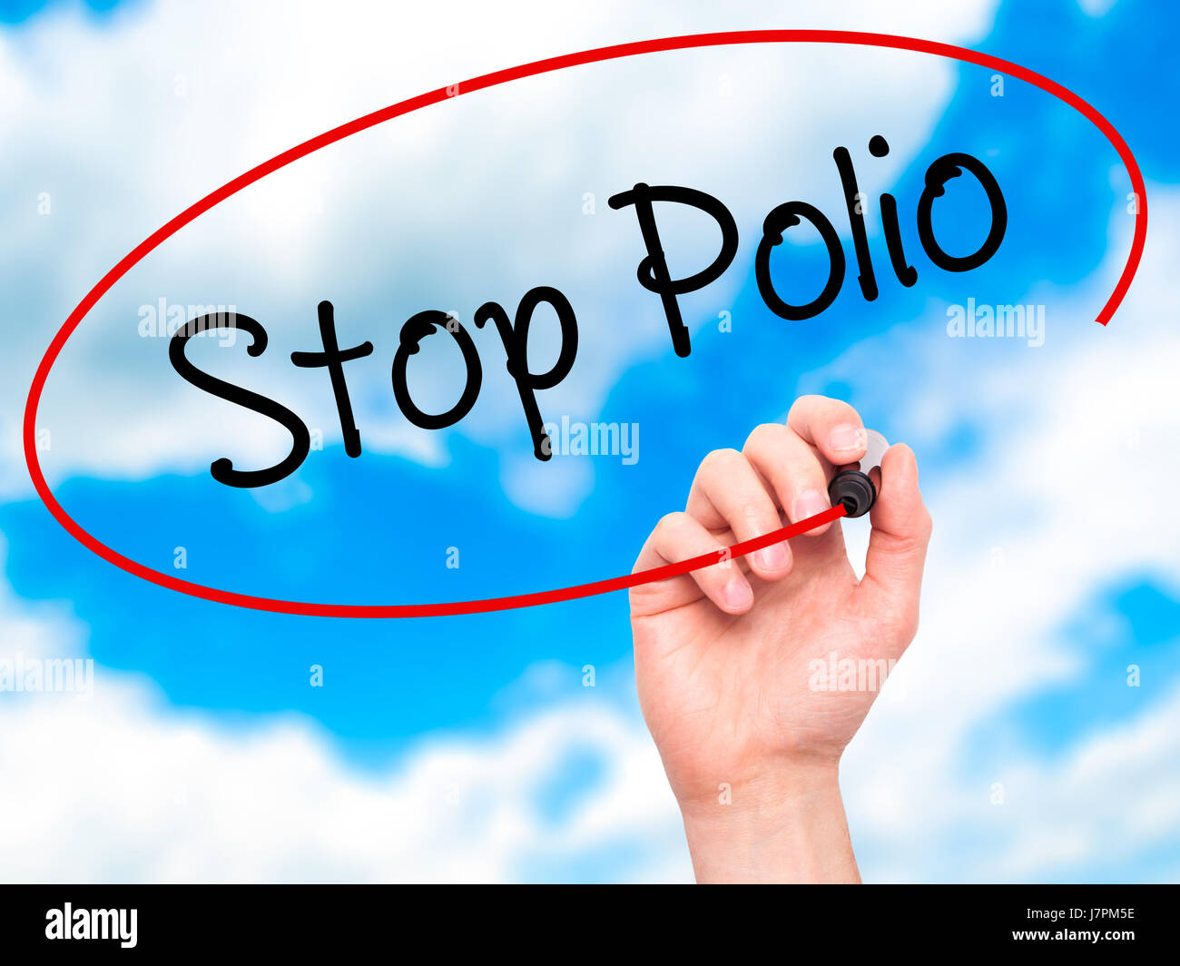 Man Hand writing Stop Polio with black marker on visual screen ...