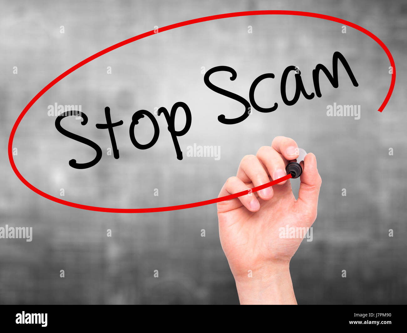 Man Hand writing Stop Scam with black marker on visual screen. Isolated ...