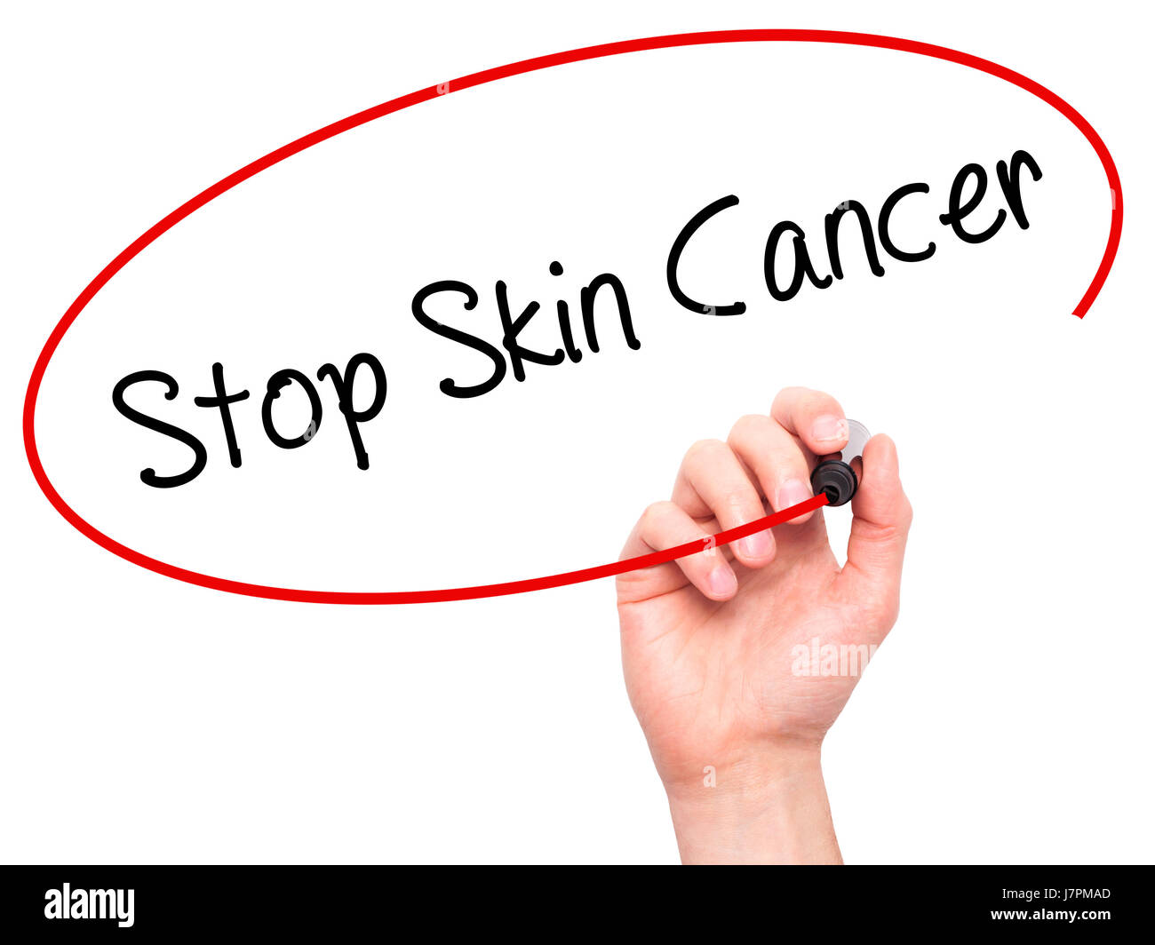 Man Hand writing Stop Skin Cancer with black marker on visual screen ...