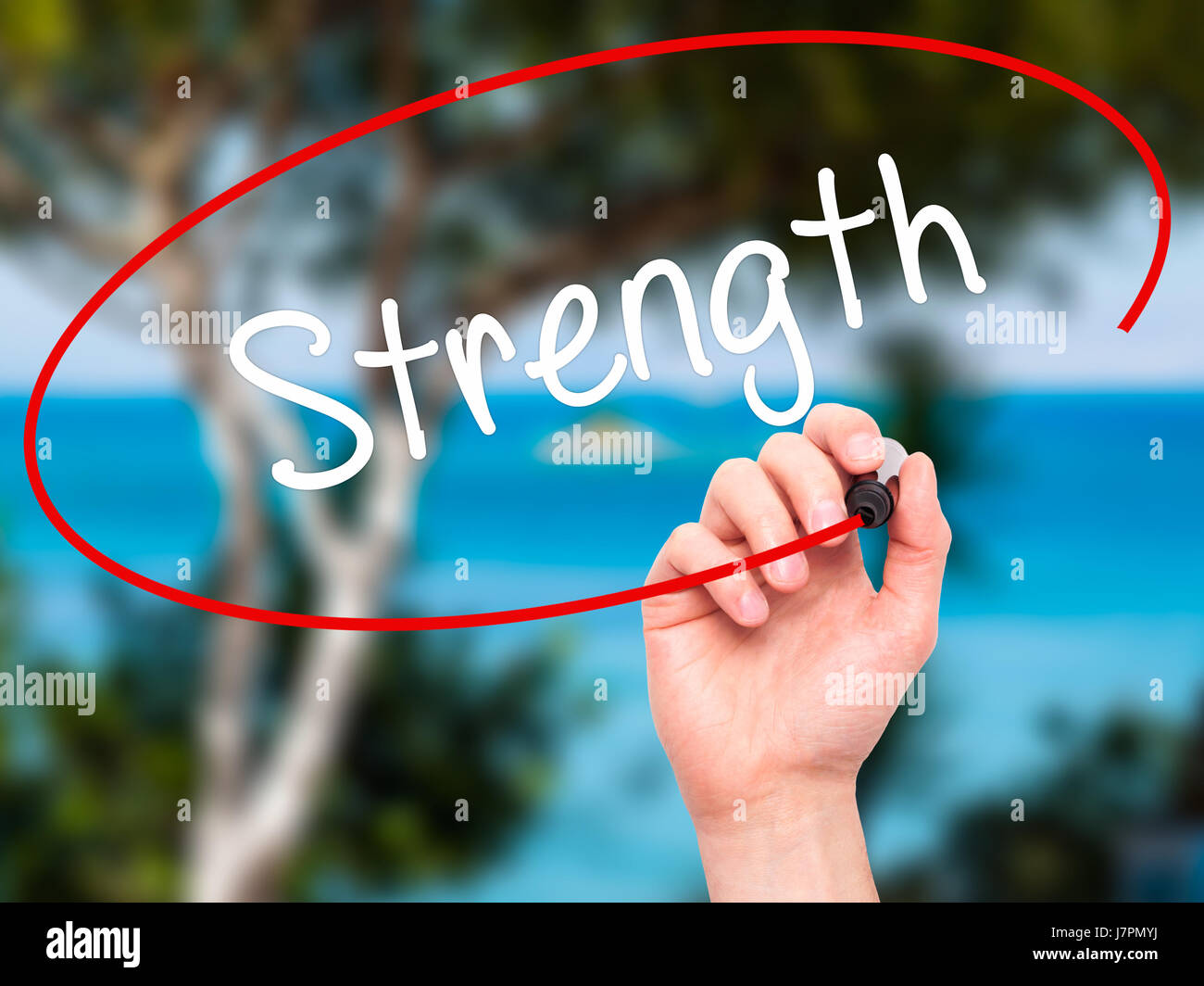 Man Hand writing Strength with black marker on visual screen. Isolated ...