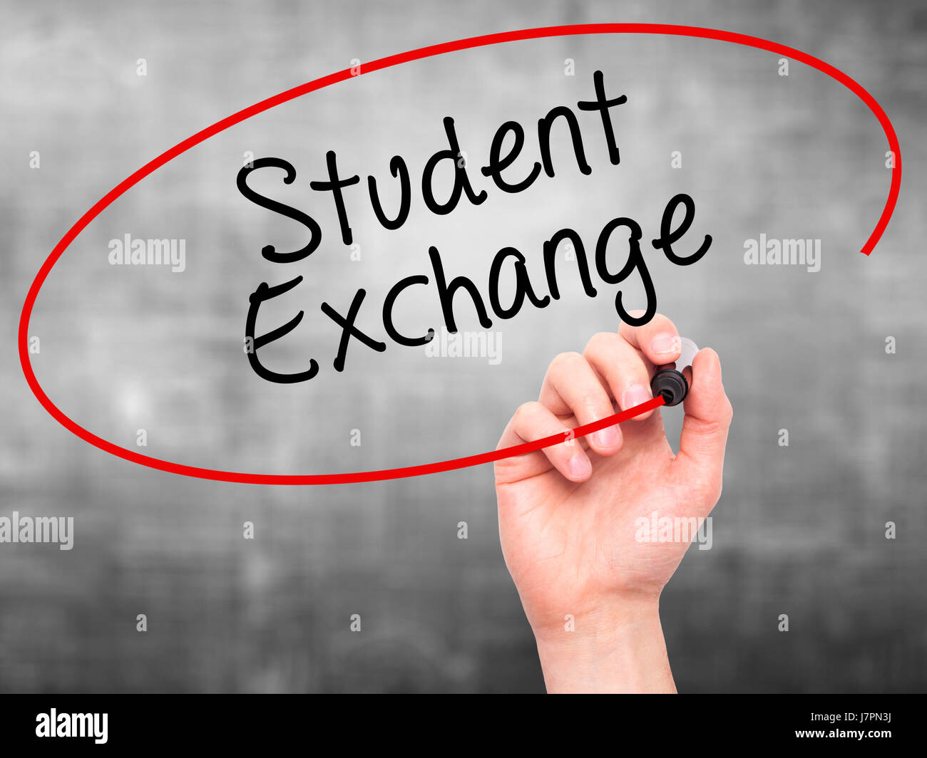 Man Hand writing Student Exchange with black marker on visual screen ...