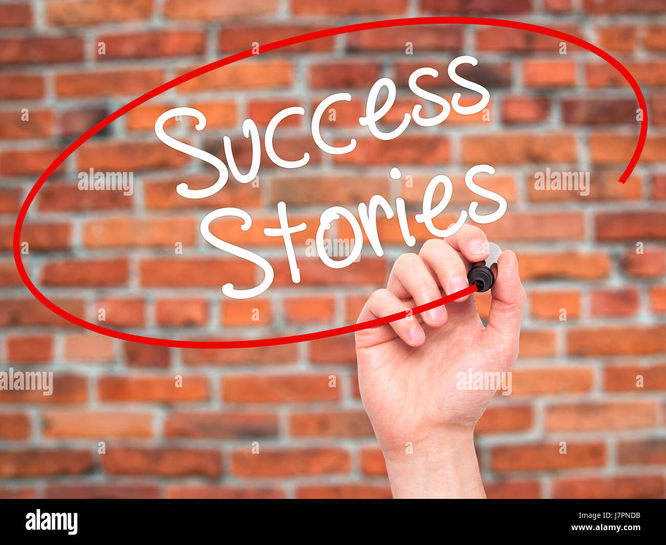 Man Hand writing Success Stories with black marker on visual screen ...