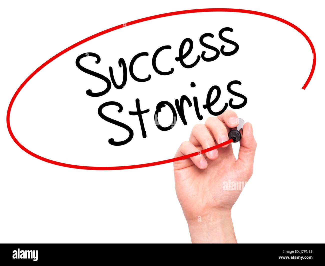 Man Hand writing Success Stories with black marker on visual screen ...