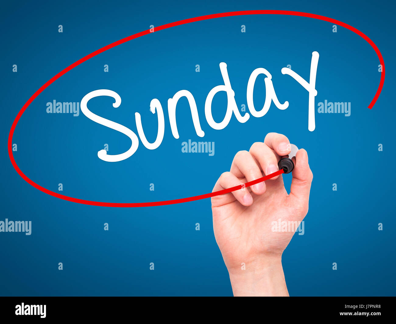 Man Hand writing Sunday with black marker on visual screen. Isolated on ...