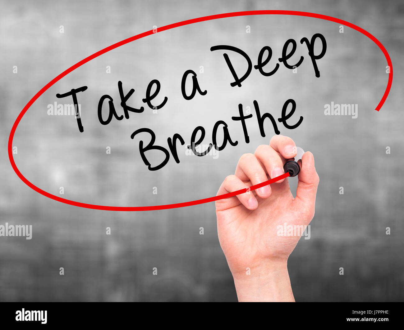 Man Hand writing Take a Deep Breathe with black marker on visual screen ...